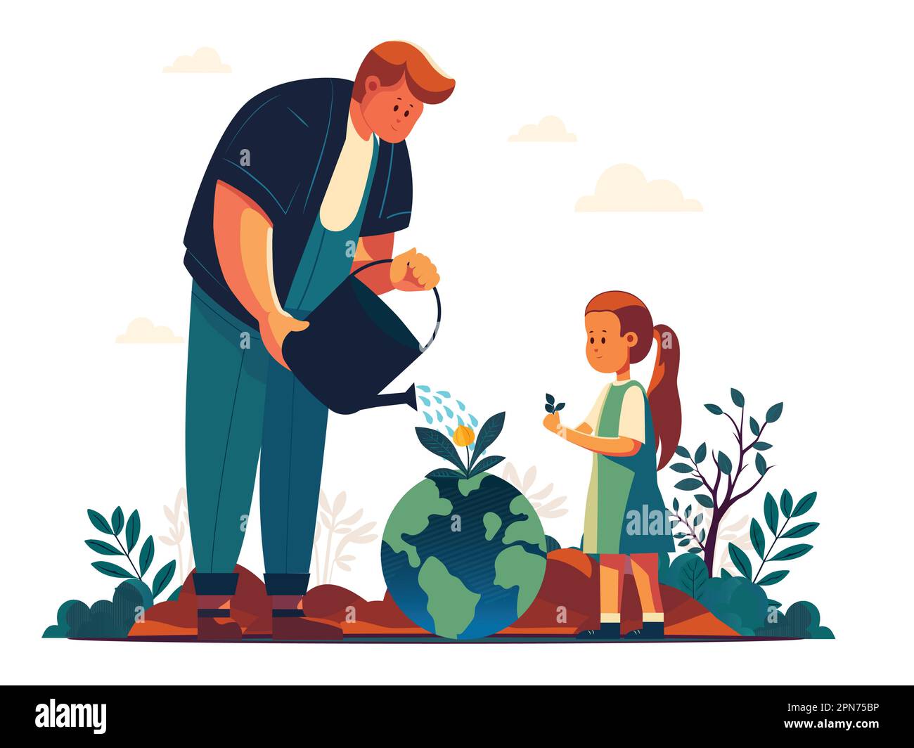 Young Man And His Daughter Character Gardening Together With Earth Globe On Nature Background