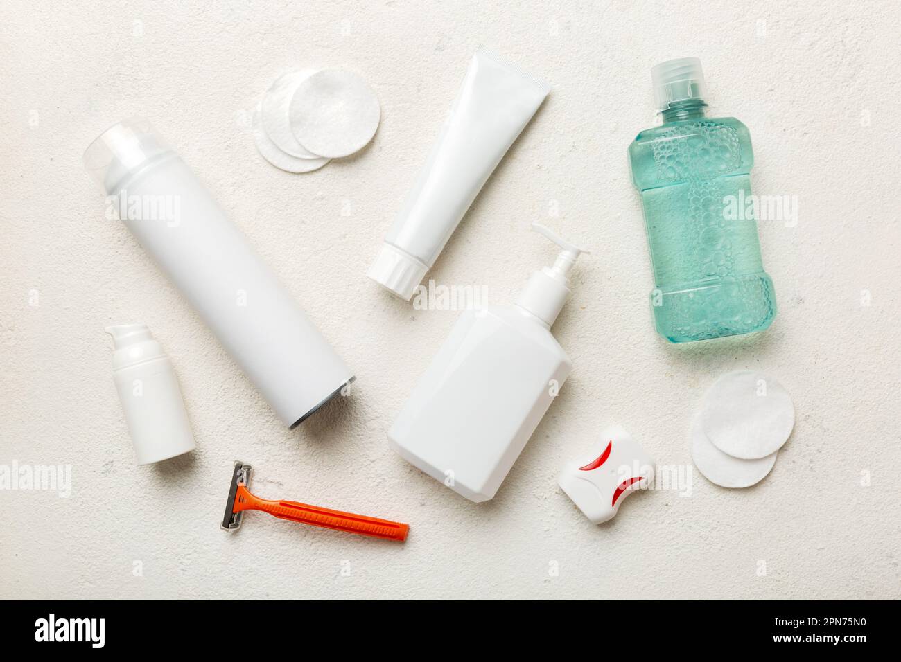 Mockup for bathing products top view flat lay, spa razor, toothpaste ...