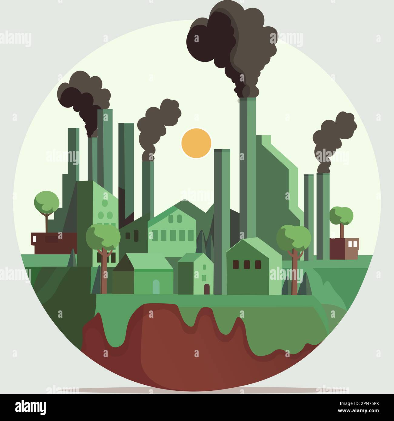 Factory Industry With Residential Buildings, Trees On Half Earth Globe ...