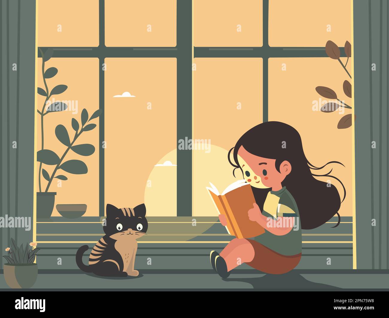 Cute Girl Character Reading A Book Near Cat Sitting And Plant Vase On ...