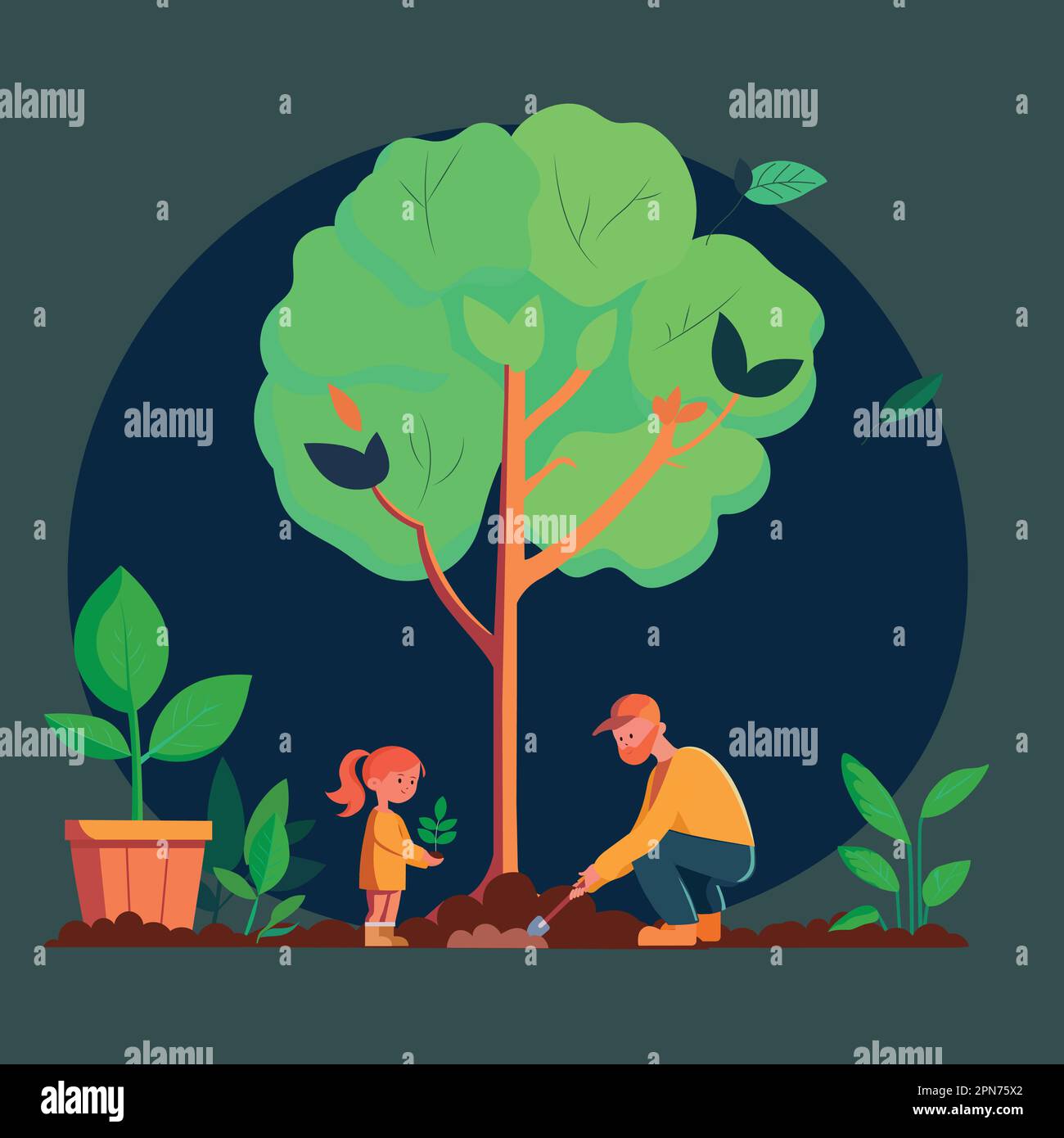 Young Man And His Daughter Character Gardening Together On Nature Green Background Stock Vector