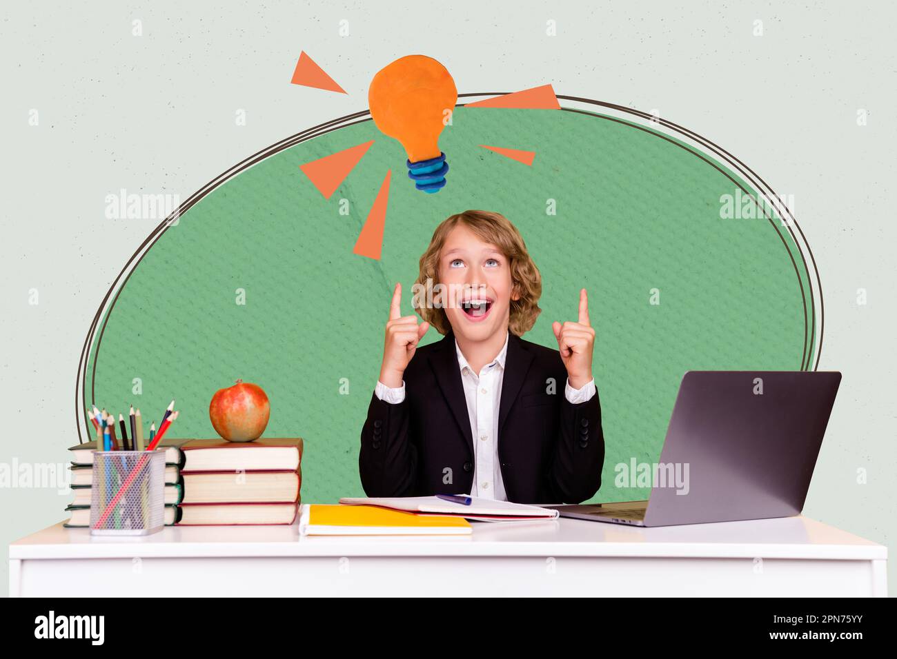 Collage artwork graphics picture of funky excited little child pointing ...