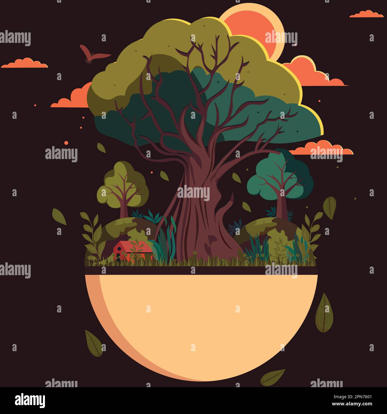 Half Earth Globe Background With Nature Landscape, House, Sun ...