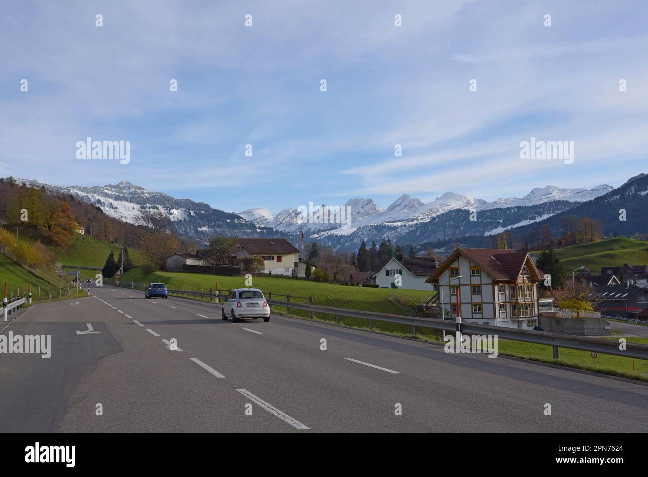 A view of Krummenau village and snow on the mountains in the St Gallen ...