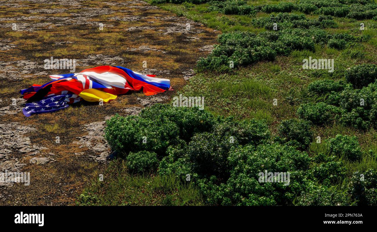 various national flags in a heap on the ground as a sign of cooperation ...
