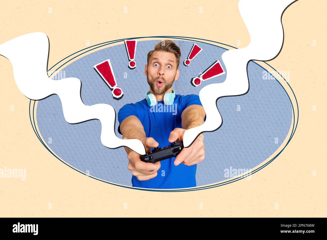 Collage portrait of impressed guy hold controller playing video games ...