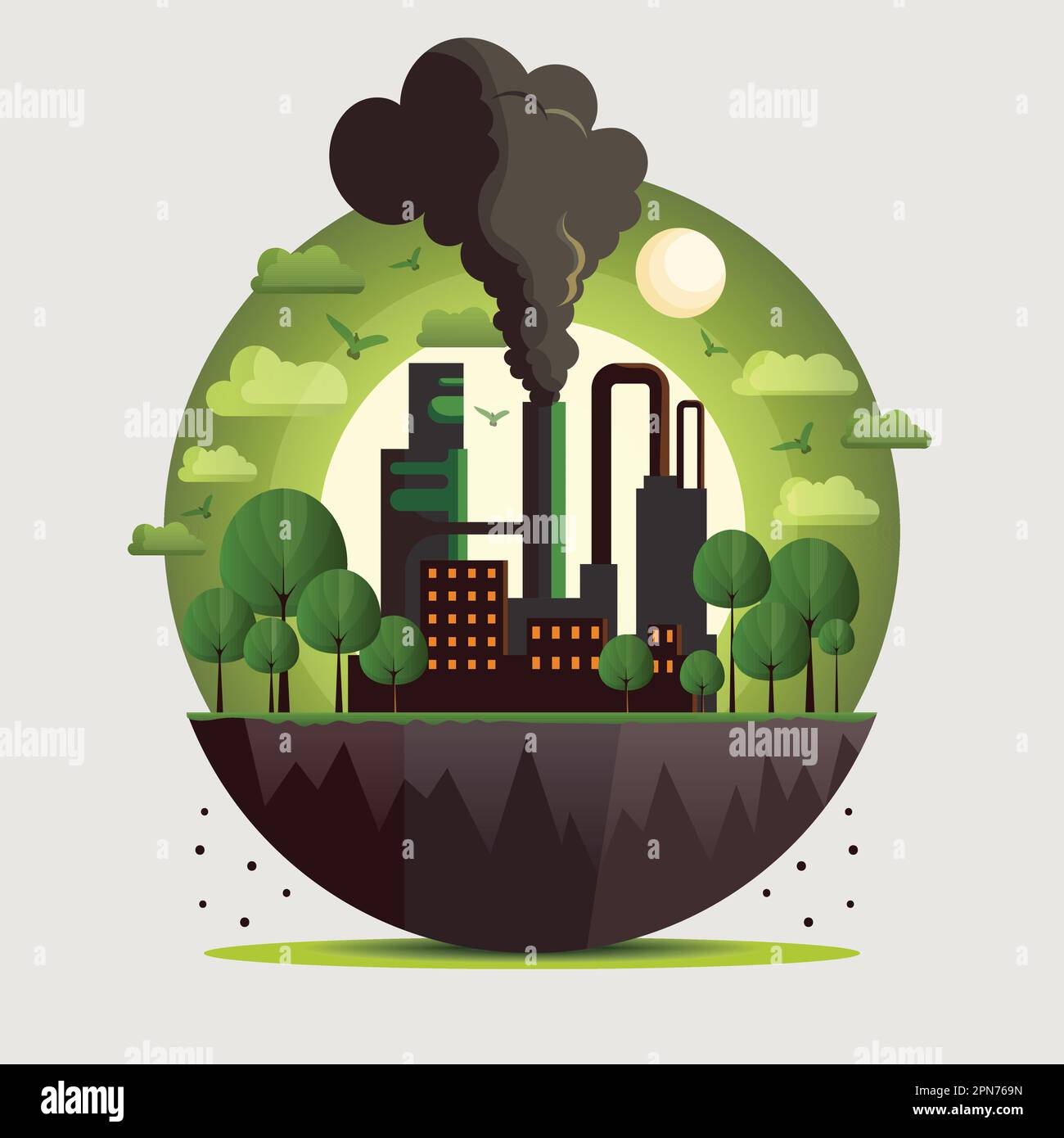 Factory And Trees On Half Earth Globe Background And Sun. Ecosystem And ...