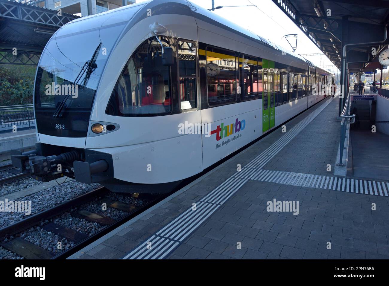 Swiss railways SBB Thurbo regionalbahn Regional train at Rorschach railway station by Lake ...