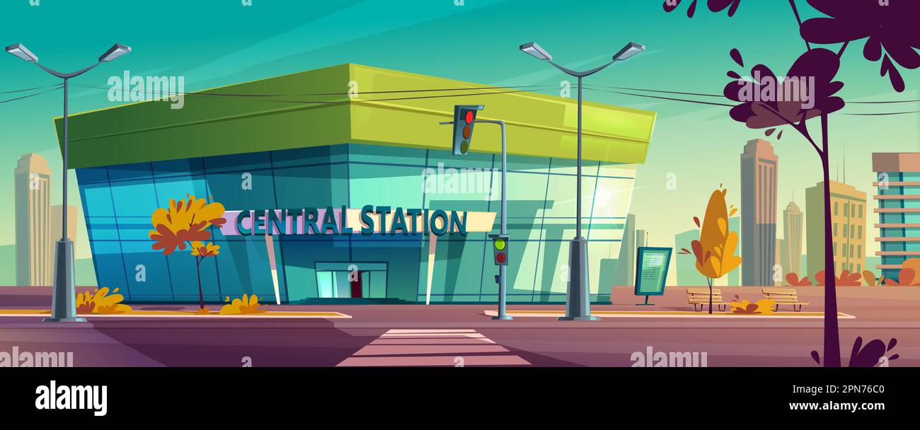 Central station for bus or train. Vector cartoon cityscape with modern ...