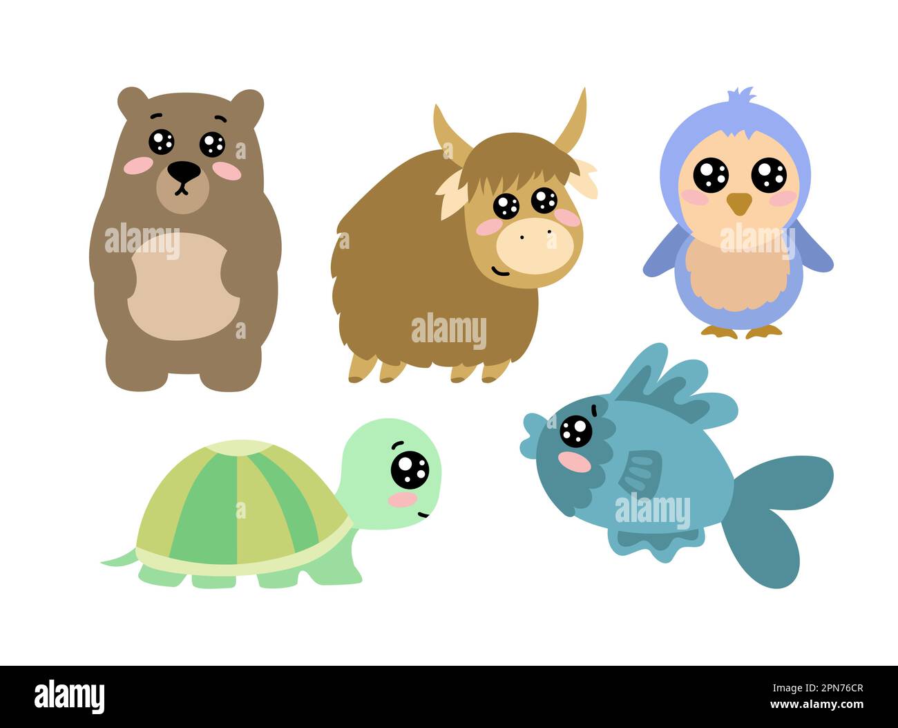 Animals with cute eyes and blush on cheeks vector set Stock Vector ...