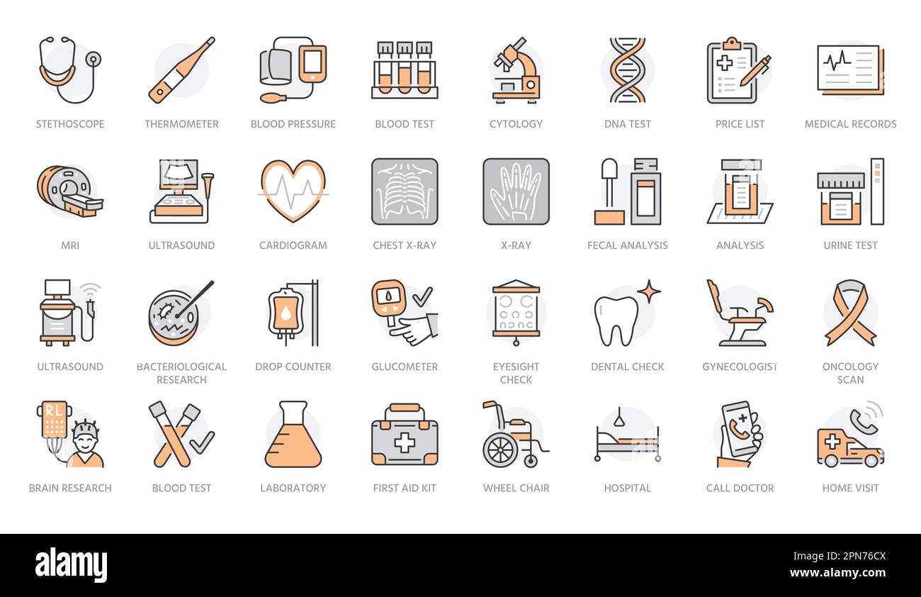 Medical diagnostic line icons. Mri, xray, ultrasound, glucometer ...