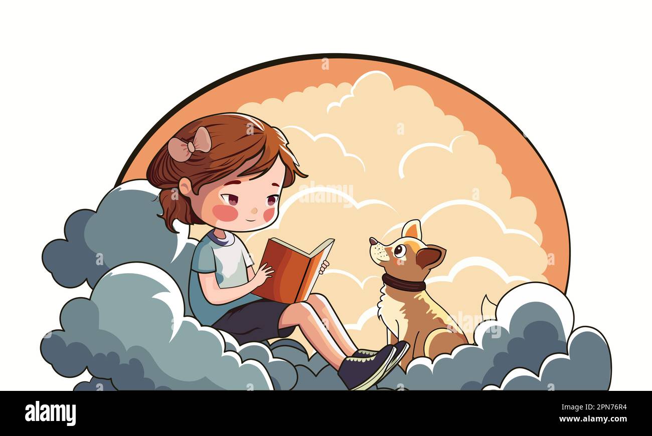 Cute Girl Character Reading Book Near Cartoon Dog Sitting On Clouds ...