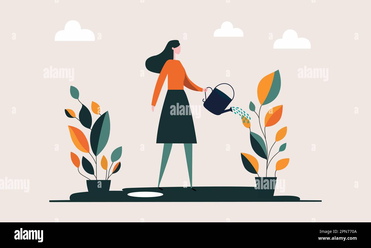 Cartoon Young Woman Character Pouring Water To Plants From A Watering ...