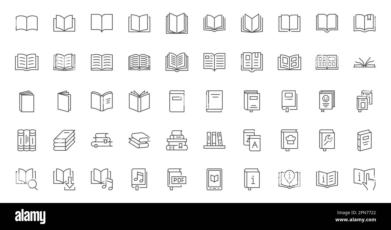 Book line icons set. Open brochure, magazine, literature, dictionary, audiobook, learning ...