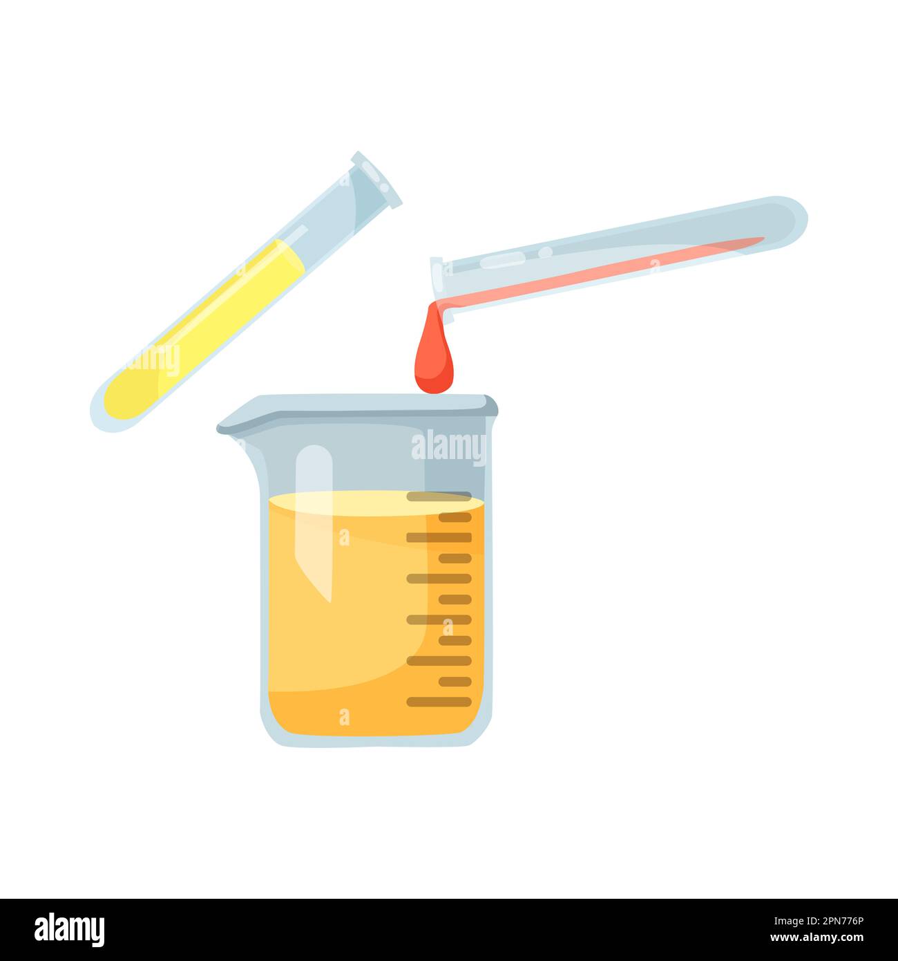 Pouring orange liquid from test tube into beaker with yellow liquid ...