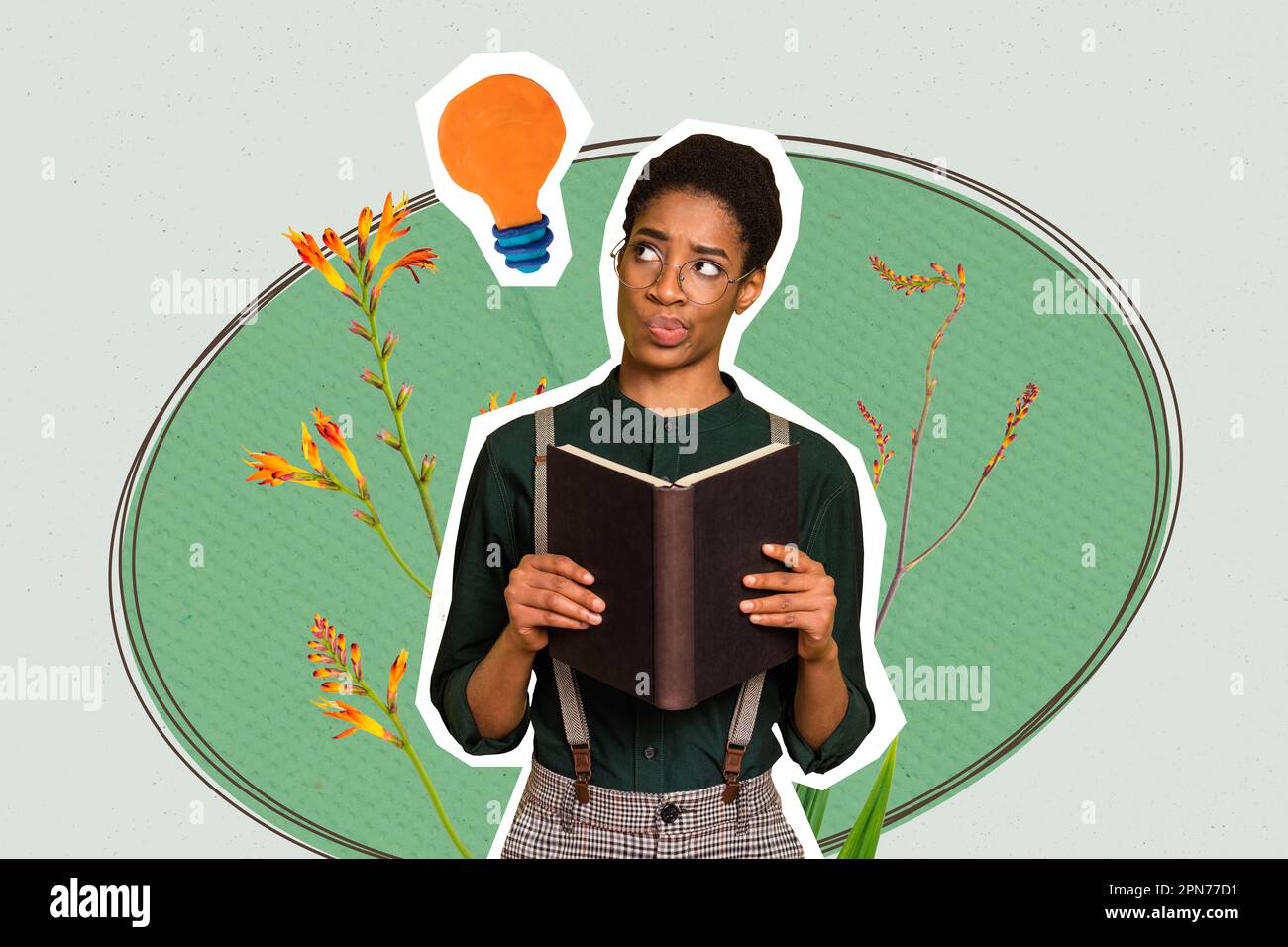 Creative collage picture of minded pensive person read book contemplate ...