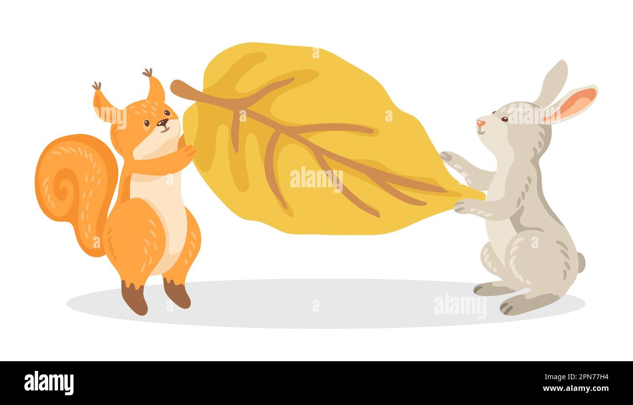 Squirrel and rabbit holding leaf vector illustration Stock Vector Image ...
