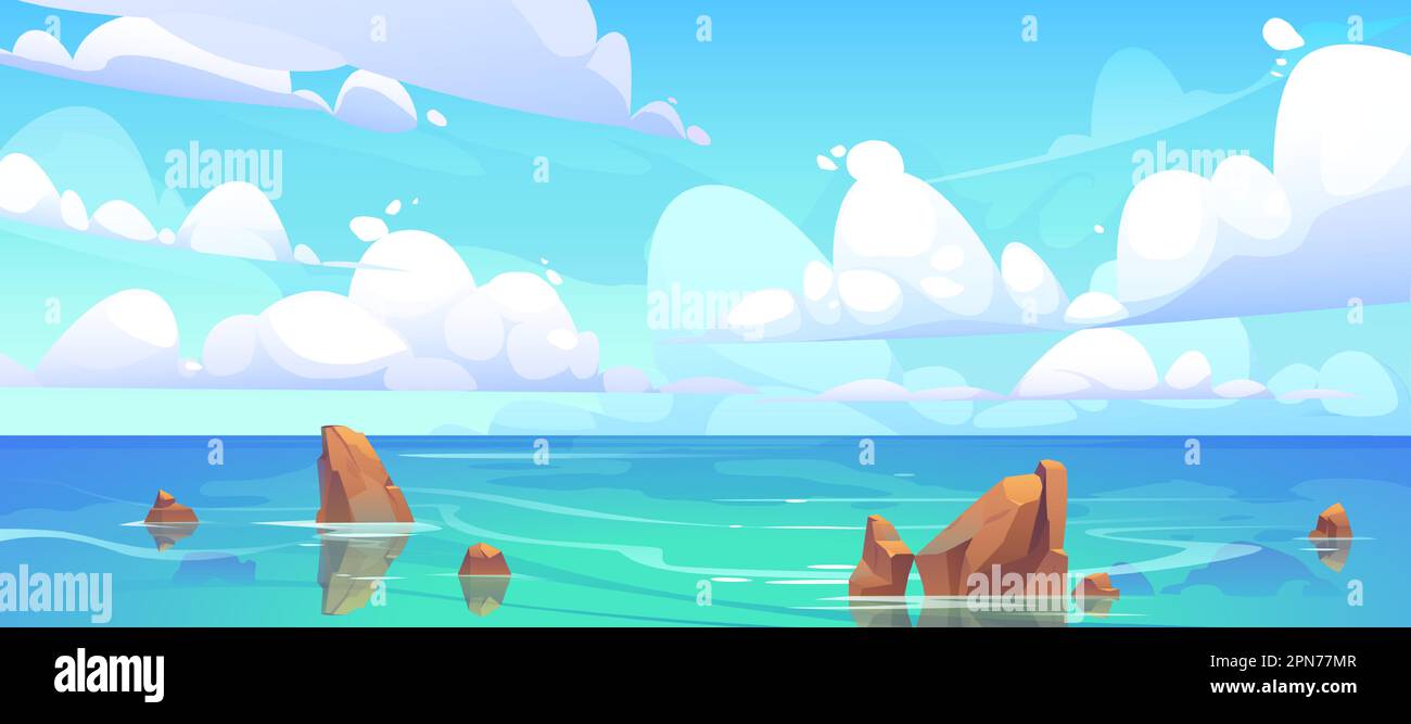 Sea landscape with stones in water and clouds in blue sky. Vector ...