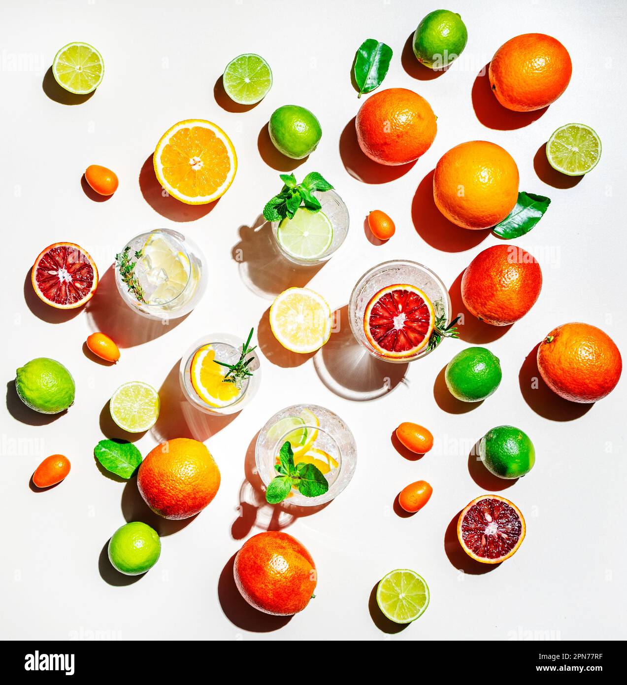Gin tonic citrus and herb cocktails set, top view. Assortment of summer ...