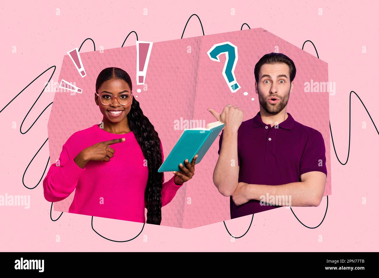 Creative collage picture of two people hold read book point finger ...