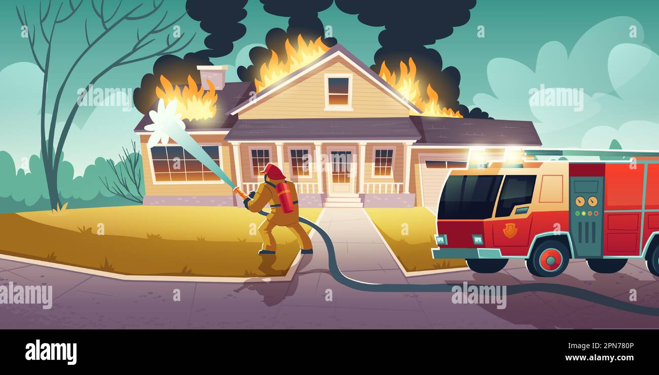 Fireman extinguish ignition in house. Firefighter put out flame on ...