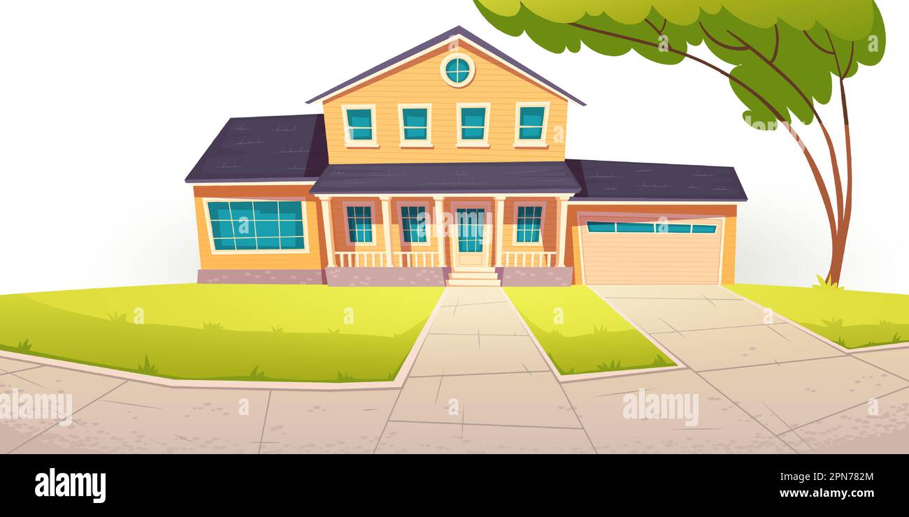 Suburban cottage, residential house with garage. Vector cartoon ...