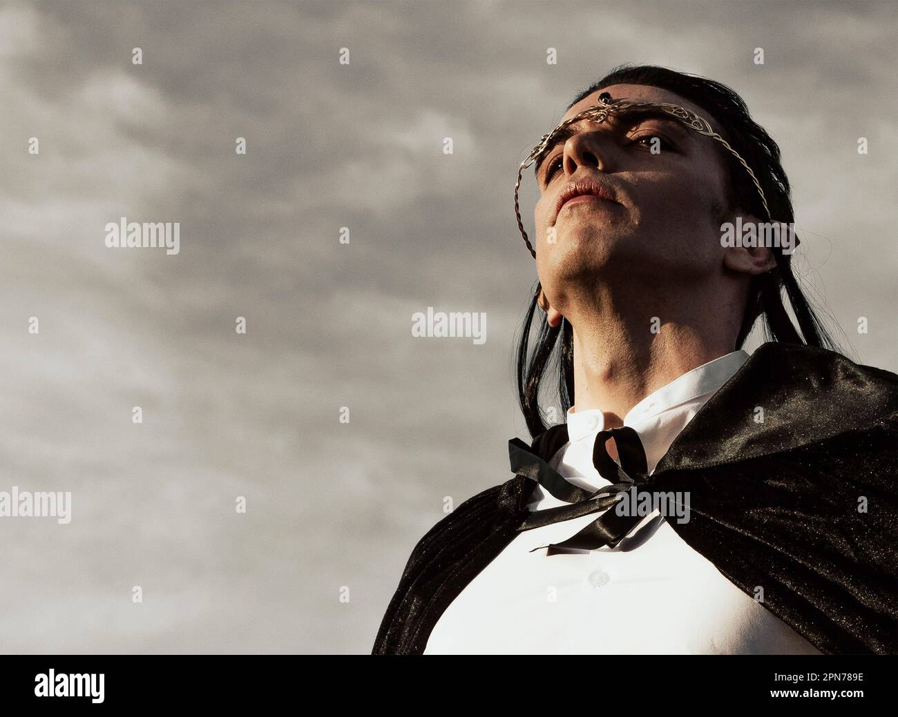 Brown-haired man with elf ears, tiara on head and black cape, looks ...