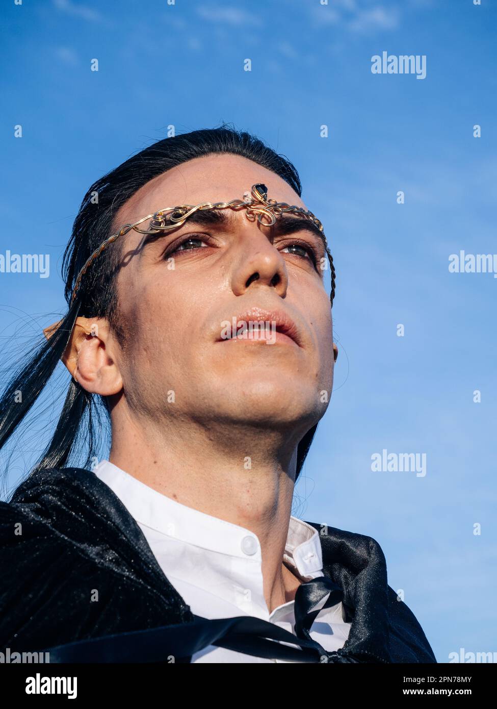 Brown-haired man with elf ears, tiara on head and black cape, looks ...