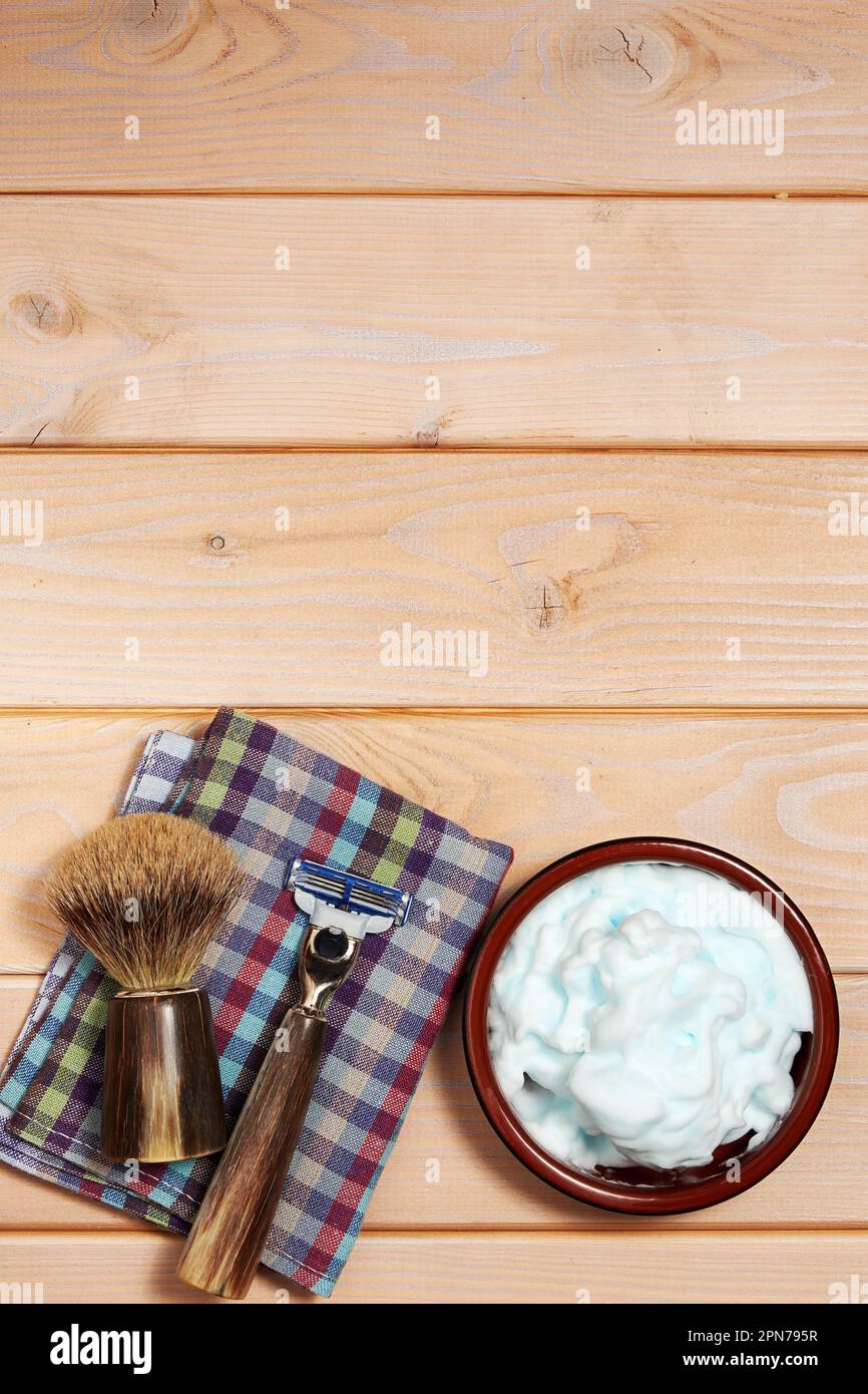 Vertical template with shaving equip, razor blade and brush and foam ...