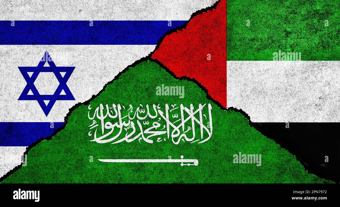 Saudi Arabia, UAE and Israel flag together on a textured background ...