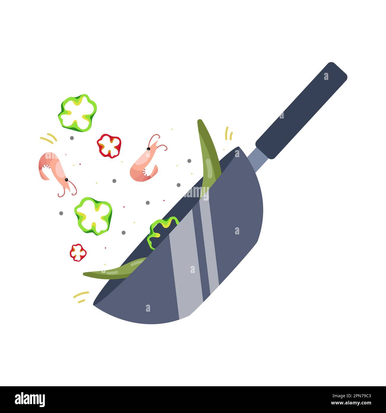 Frying pan with shrimps and peppers in air cartoon illustration Stock ...