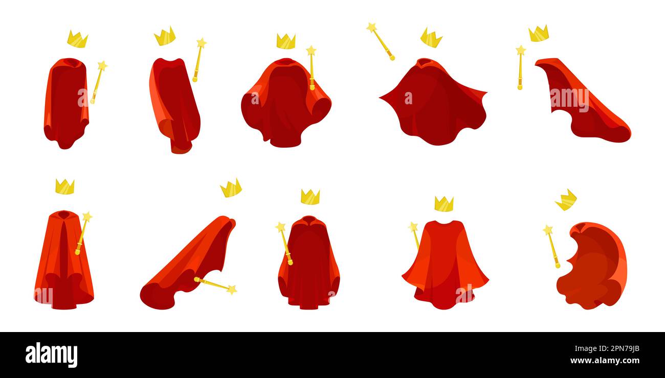 Red kings robe with golden crown and scepter vector illustration set ...