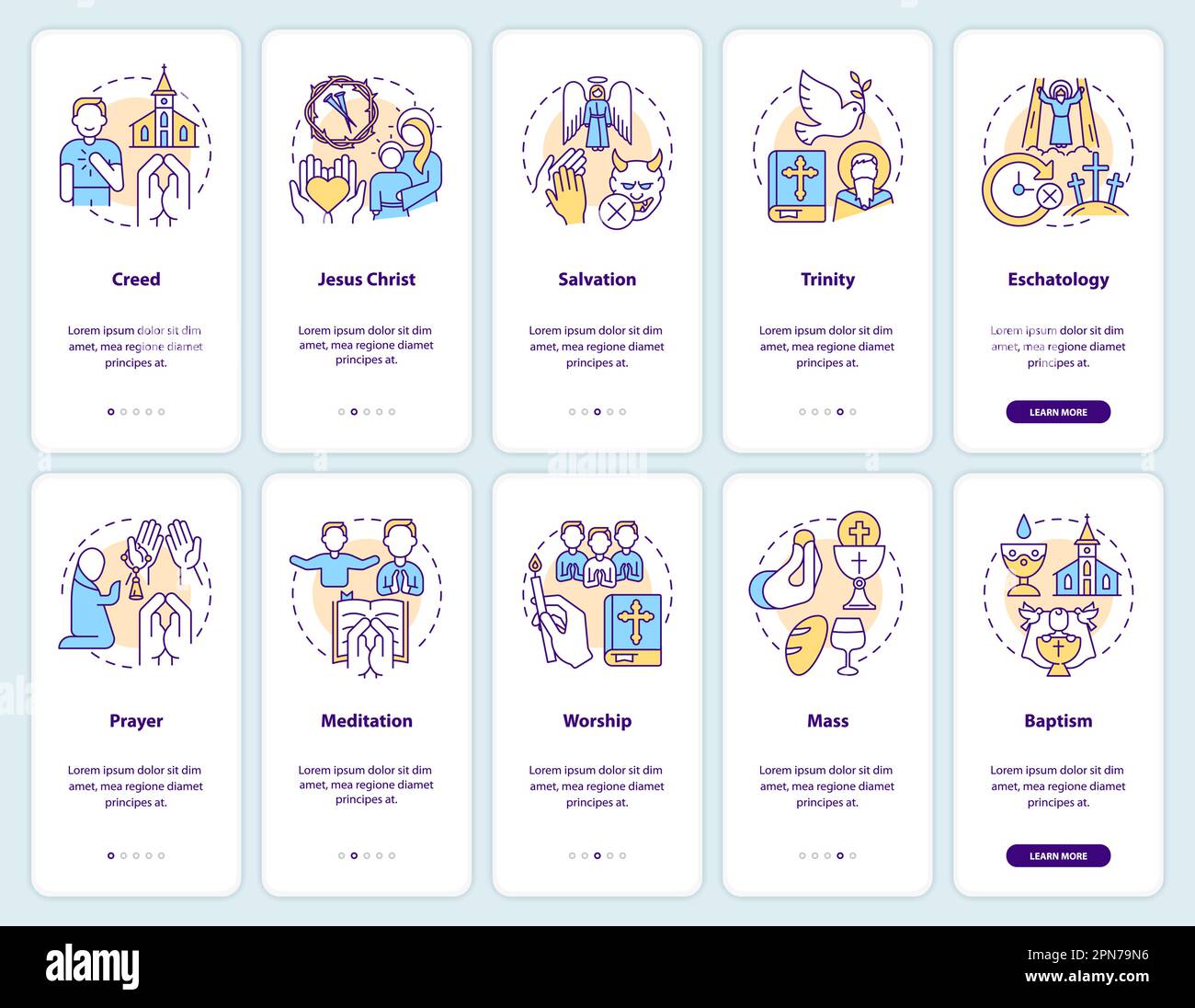Christian beliefs and practices onboarding mobile app screens set Stock ...