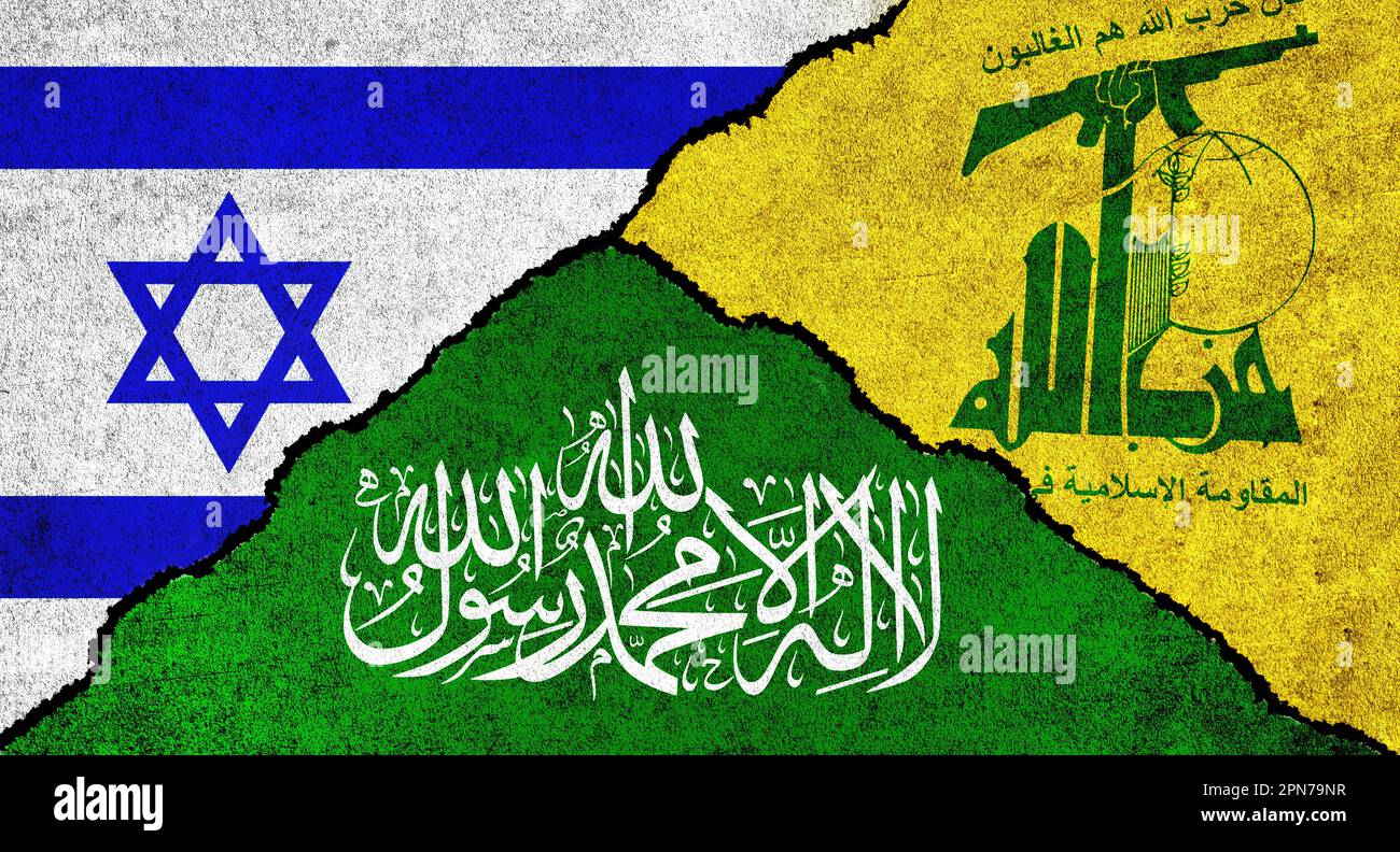 Hamas, Hezbollah and Israel flag together on a textured background ...