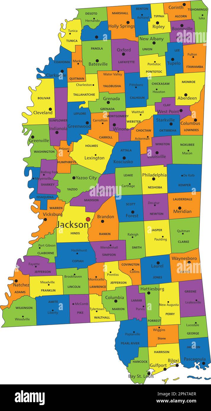 Colorful Mississippi political map with clearly labeled, separated ...