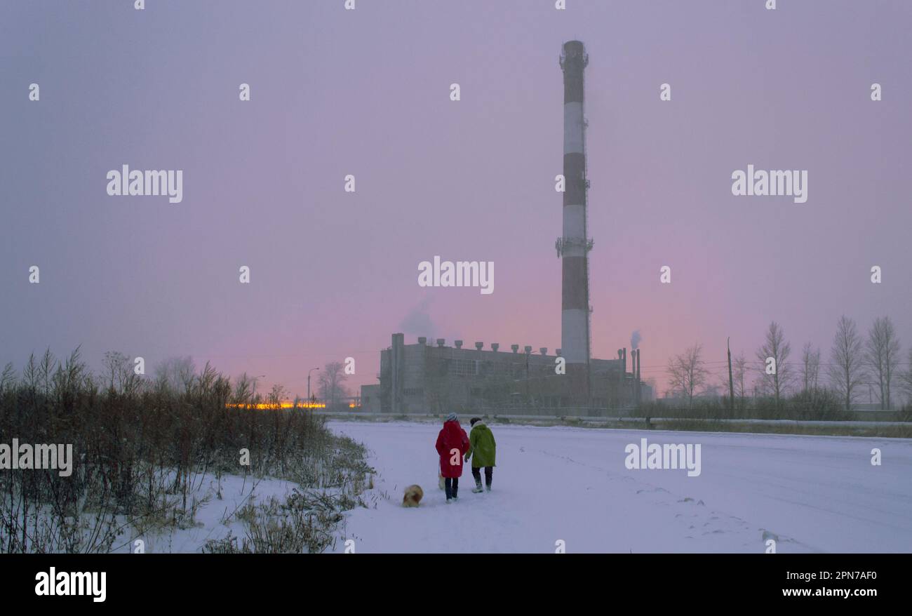 A woman in red and a woman in green are walking with the dogs in a ...
