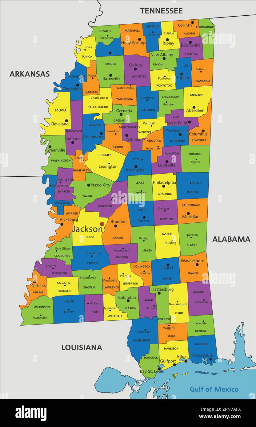 Colorful Mississippi political map with clearly labeled, separated ...