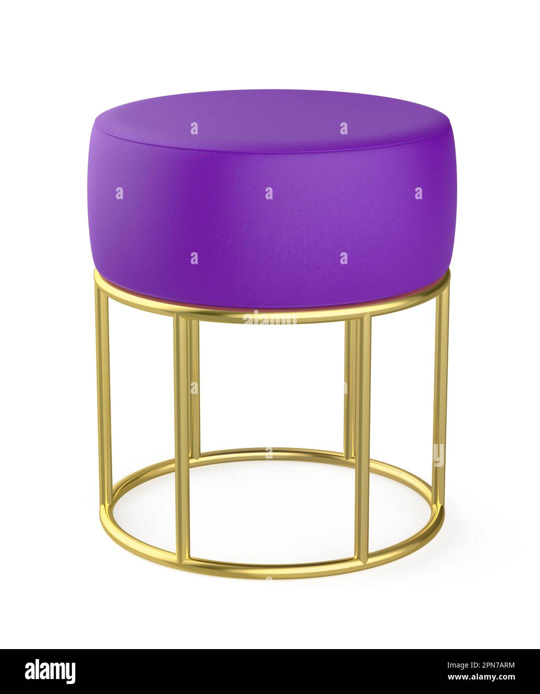 Purple leather stool with golden legs, isolated on white background ...