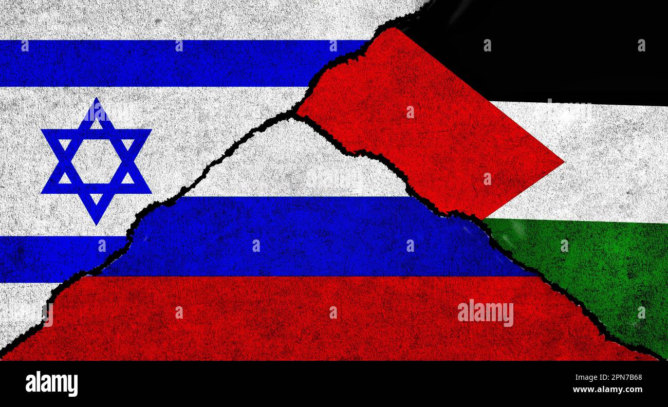 Palestine, Russia and Israel flag together on a textured background ...