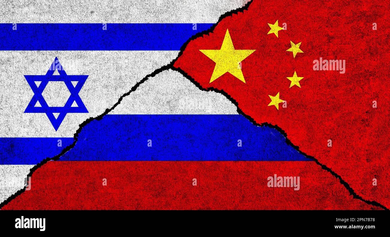 China, Russia and Israel flag together on a textured background ...