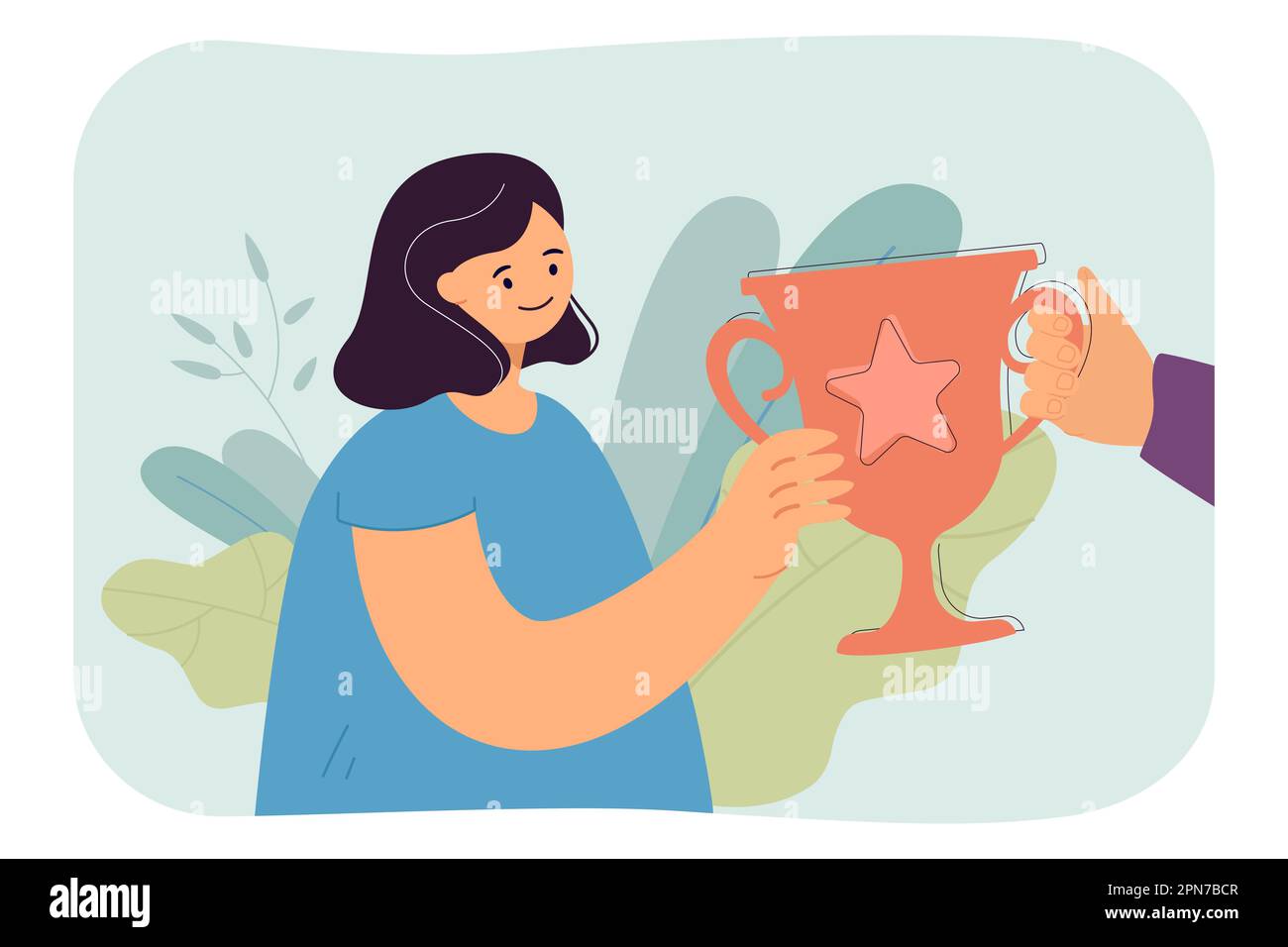 Hand giving winners gold cup to happy girl Stock Vector Image & Art - Alamy