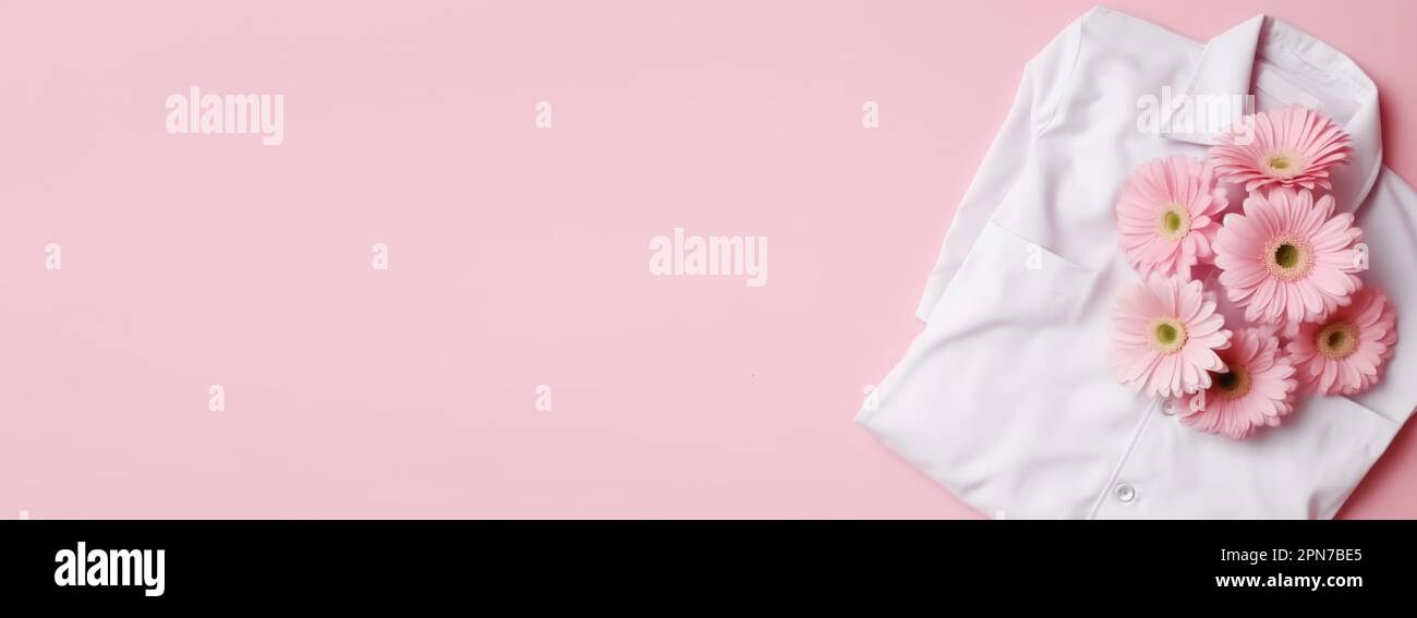 Cute bouquet of flowers, medical uniform, pink background, . Festive ...