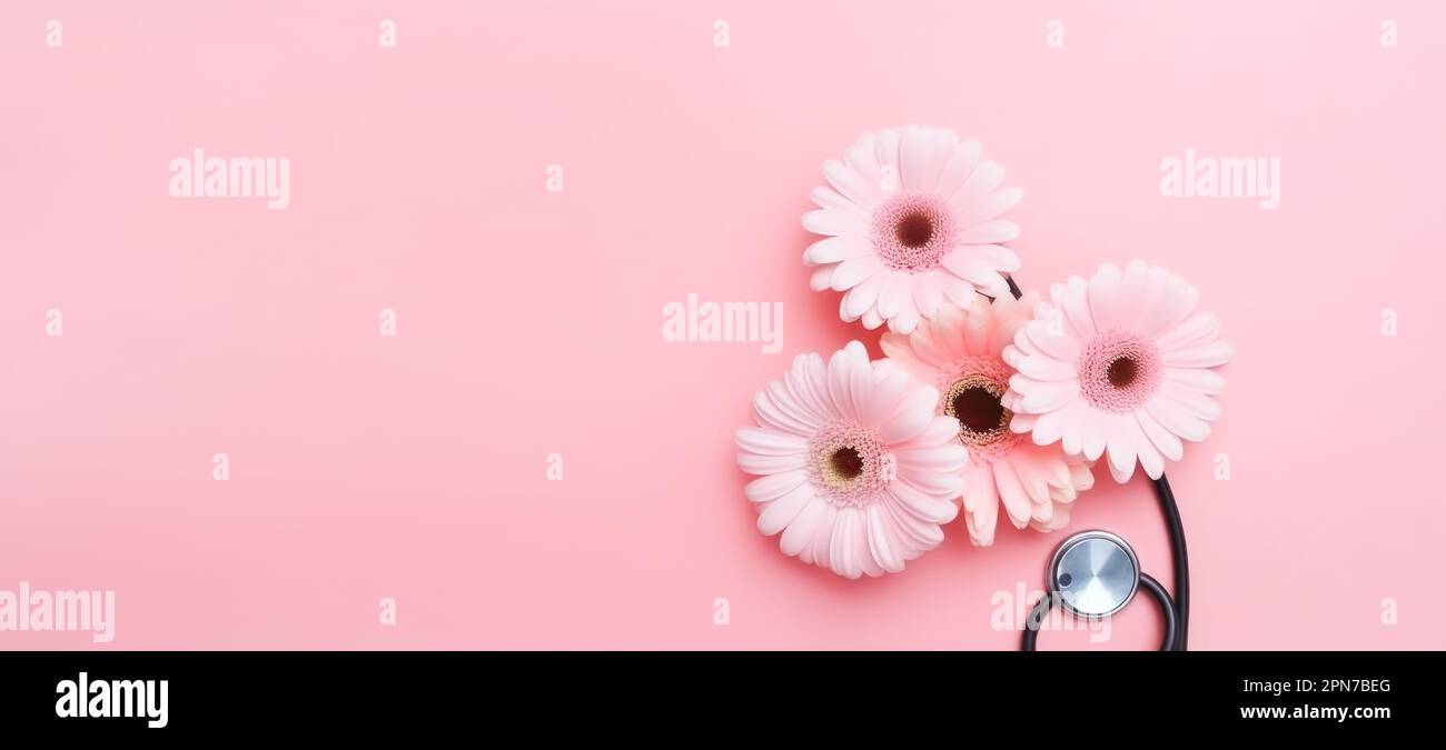 Cute bouquet of flowers, medical stethoscope, pink background. Festive ...