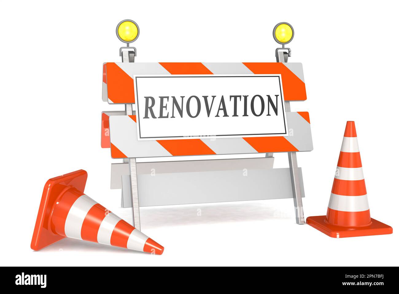 Renovation sign on barricade and traffic cones, 3D rendering Stock ...