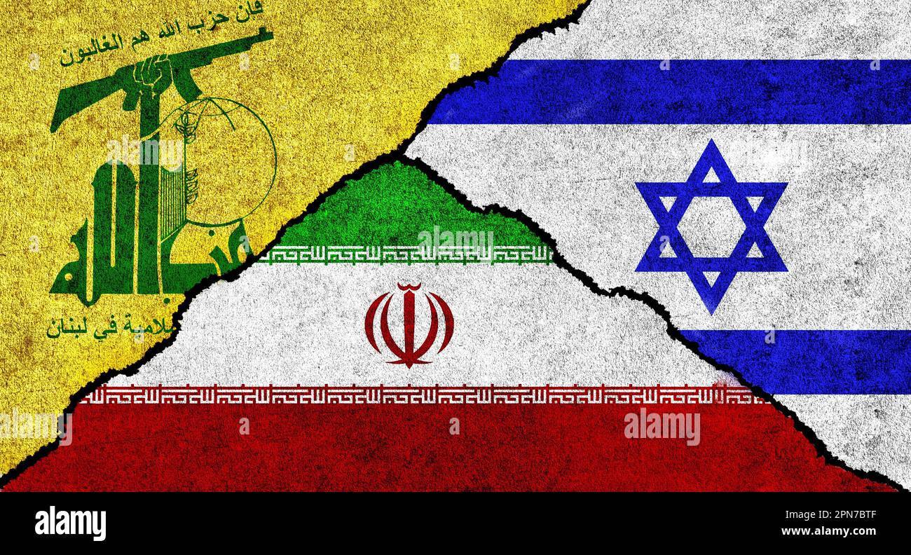 Hezbollah, Iran and Israel flag together on a textured background ...