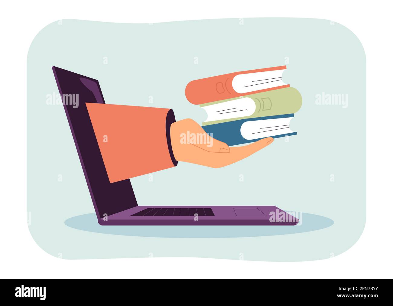 Hand giving stack of paper books from laptop screen Stock Vector Image ...