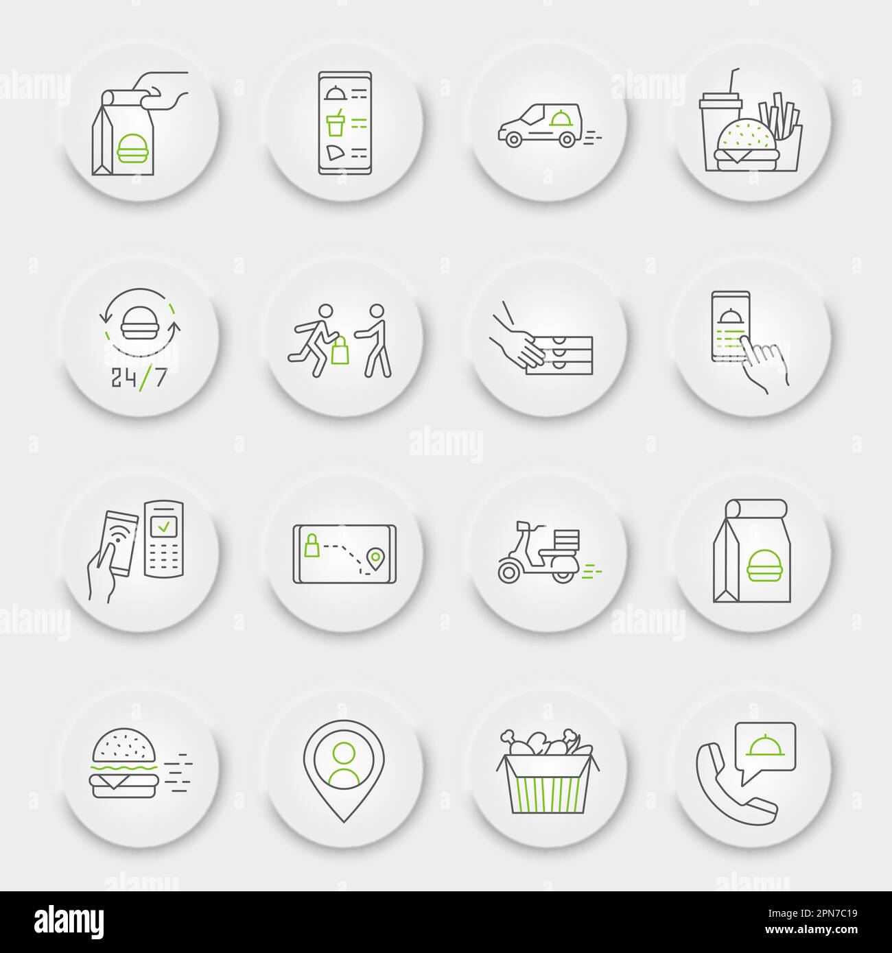 Food delivery line icon set, fast food symbols collection, vector sketches, neumorphic UI UX ...