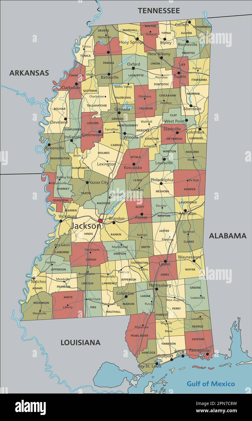 Mississippi - Highly detailed editable political map with labeling ...