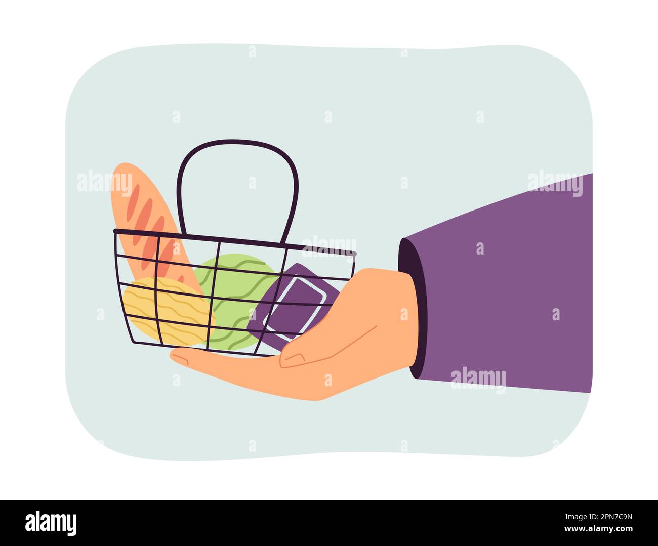 Hand of consumer holding supermarket basket full of fresh food Stock ...