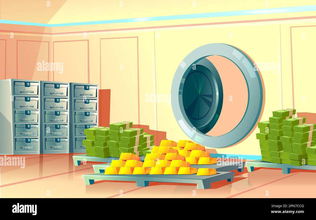 Bank vault room, round metal open safe door, gold bullion, bars and cash, cartoon vector ...
